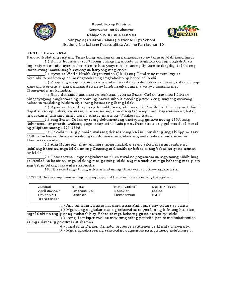 Araling Panlipunan - Pagsusulit | PDF