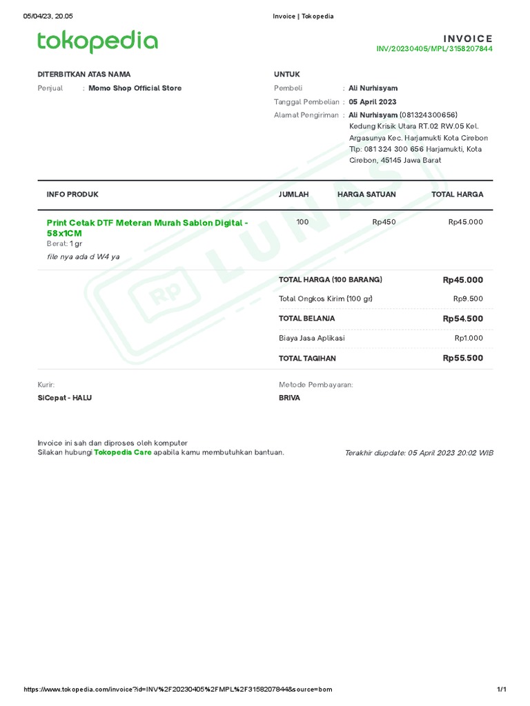 Invoice - Tokopedia | PDF