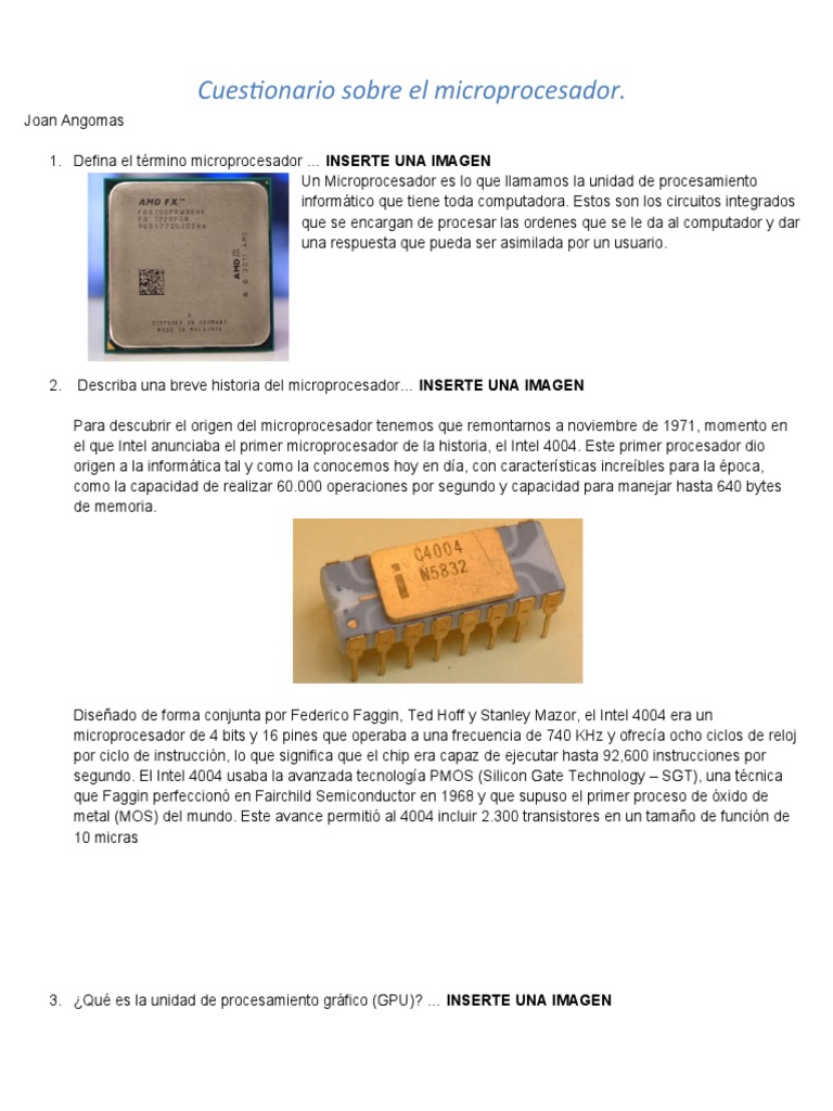 Joan Angomas-Cuestionario Sobre El Microprocesador. | PDF | Microprocesador | Ingenieria Eléctrica