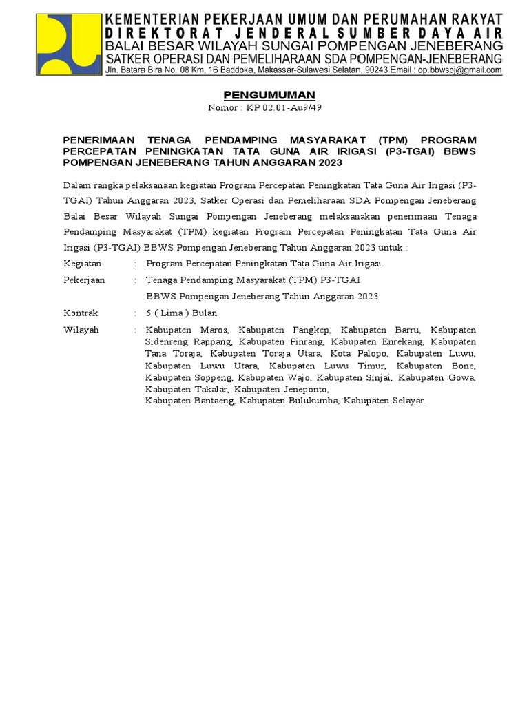 Pengumuman Rekruitmen TPM 2023 BBWS POMPENGAN JENEBERANG Draftedit2 ...