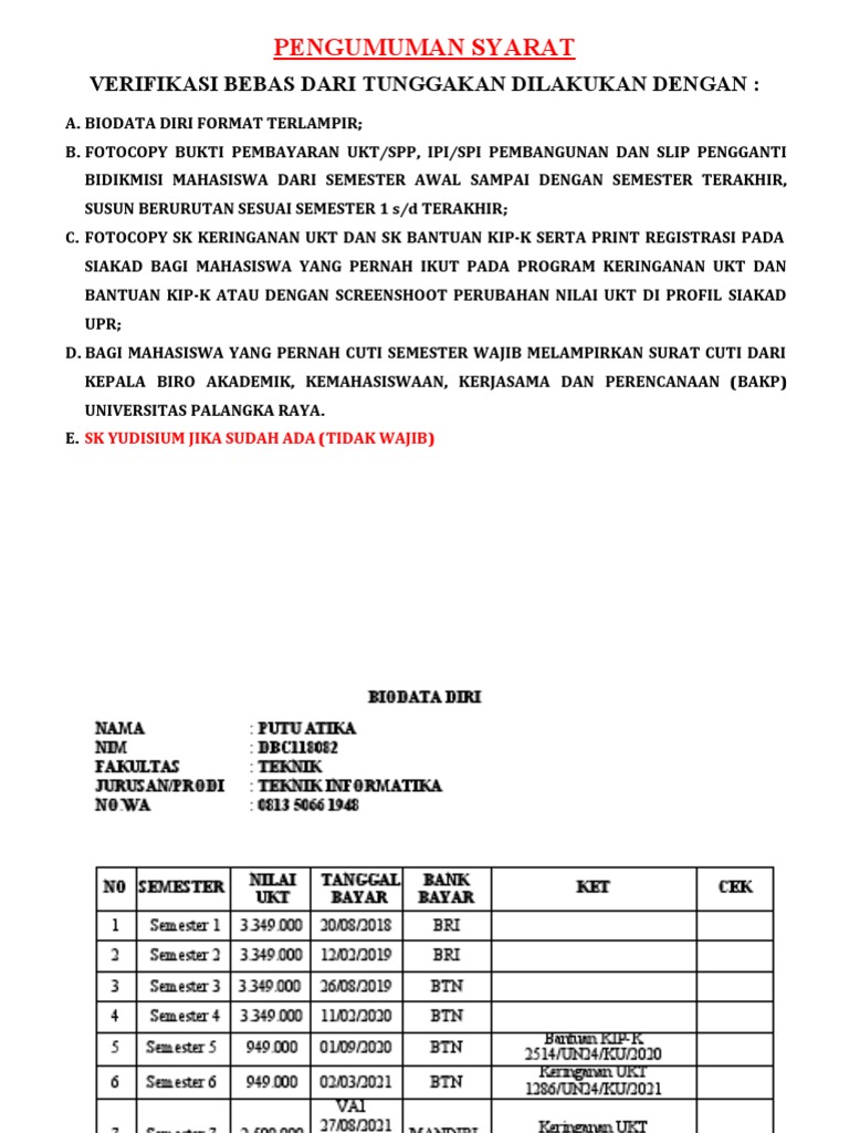Syarat Dan Format Untuk Varifikasi Bebas Dari Tunggakan Ukt (3 Lembar) | PDF | Teknologi & Rekayasa