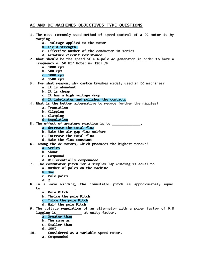 Ac and DC Machines Objectives Type Questions | PDF | Electric Motor | Electrical Engineering