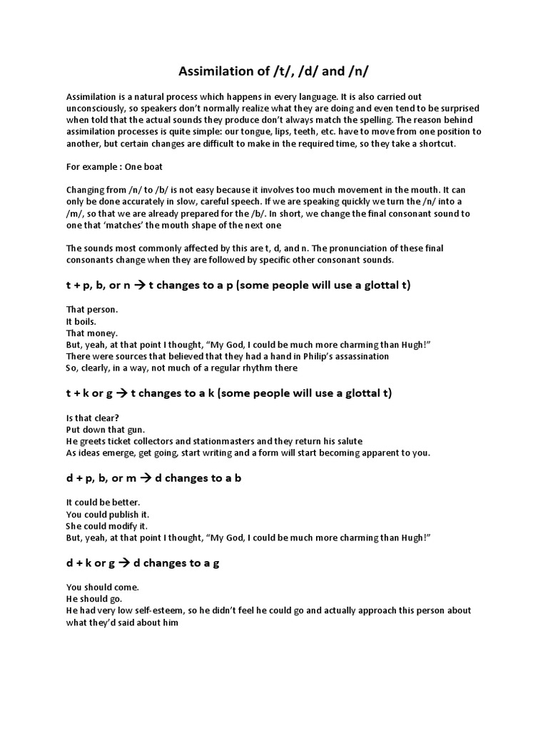 Assimilation of T, D, N Sounds in ENGLISH | PDF | Phonetics | Languages