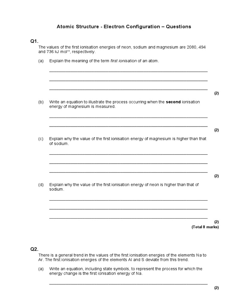 Atomic Structure Electron Configuration Qs Pdf Ion Ionization