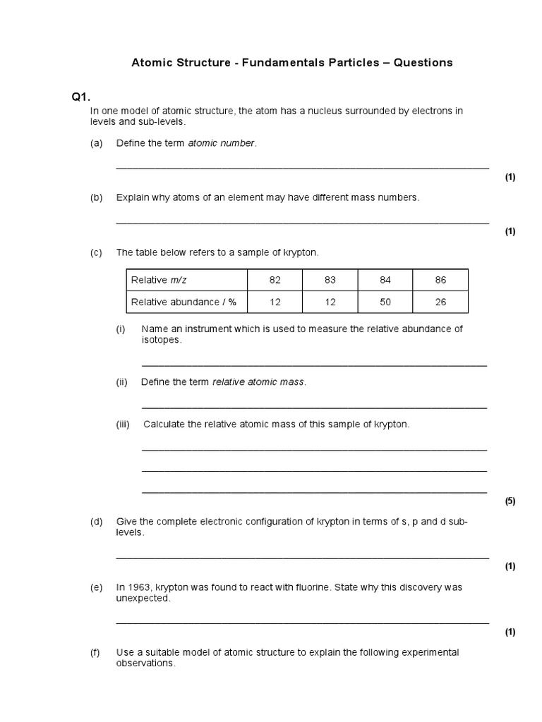 Atomic Structure Fundamentals Particles Qs | PDF | Atoms | Chemical Elements