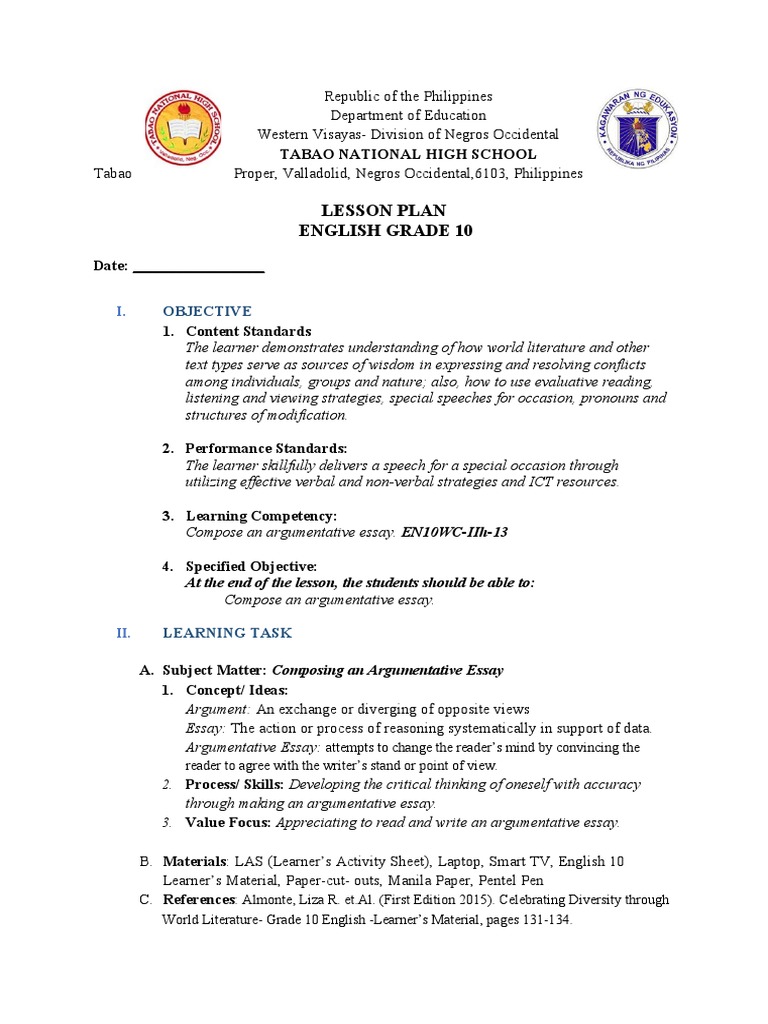 Argumentative Essay Lesson Plan | PDF | Essays | Learning