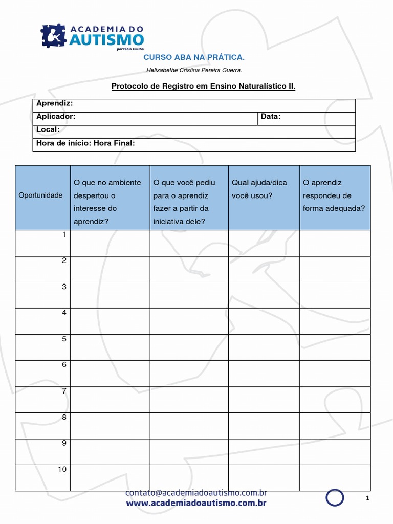Curso ABA na prática: protocolo de registro | PDF