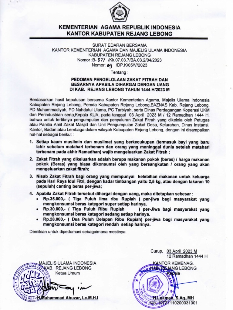 Surat Edaran Bersama Tentang Zakat Fitrah 1444H | PDF Surat Edaran Bersama Tentang Zakat Fitrah 1444H | PDF