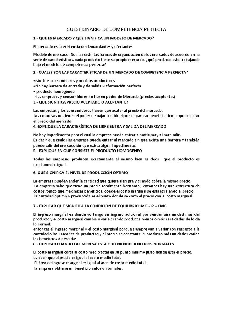 Cuestionario de Competencia Perfecta | PDF | Mercado (economía) | Monopolio