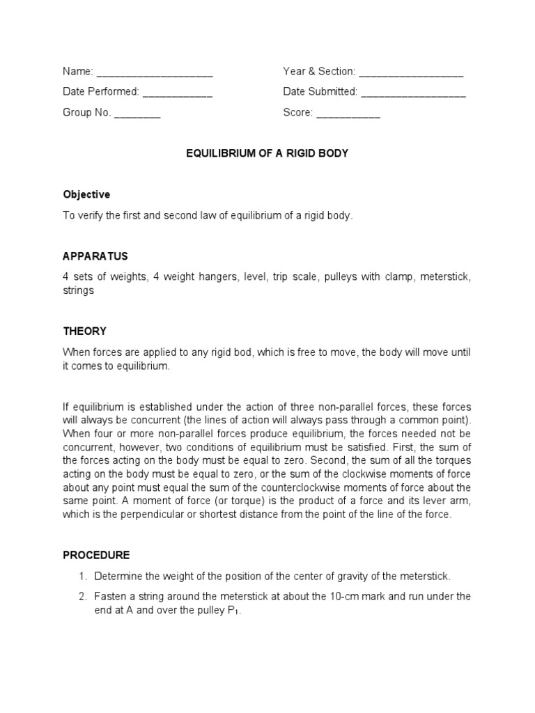 Rigid Body Equilibrium Experiment Guide | PDF | Force | Torque