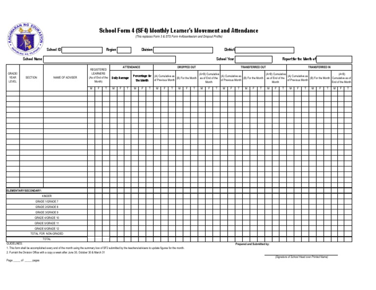School Form 4 (SF4) Monthly Learner's Movement and Attendance ...
