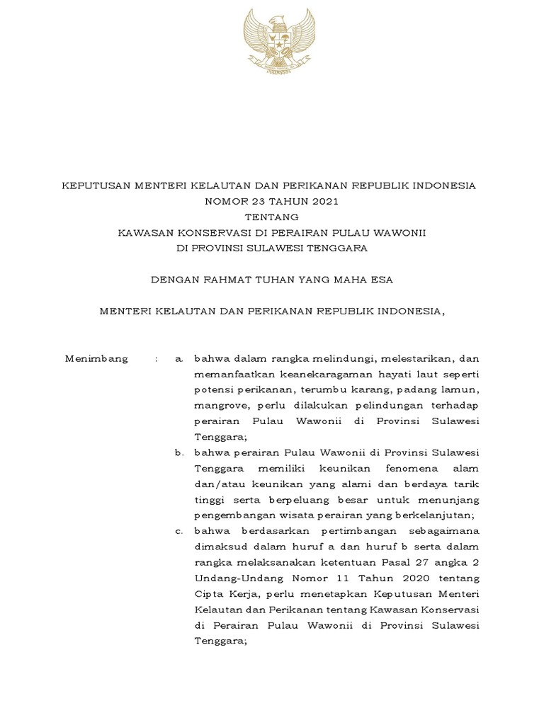 KepmenKP - 23 - 2021 - KKD Pulau Wawonii | PDF