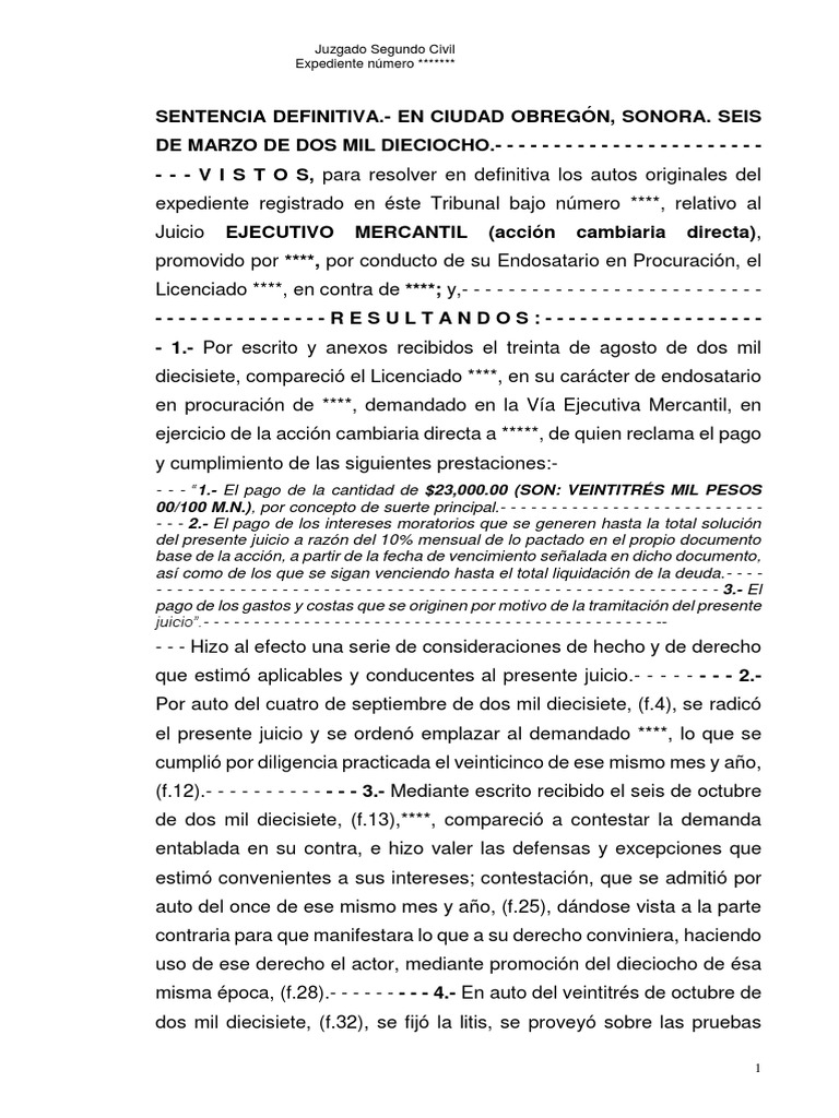 Sentencia Juicio Ejecutivo Mercantil COSC060318 | PDF | Instrumento ...