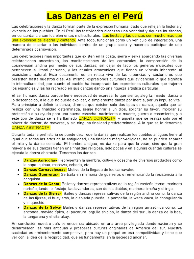 Las Danzas En El Perú Pdf Bailes Perú
