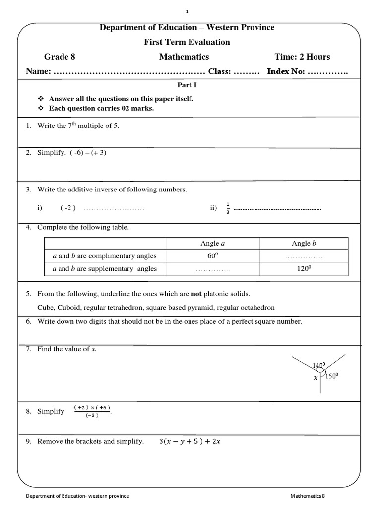 Department of Education - Western Province First Term Evaluation Grade 8 Mathematics Time: 2 ...