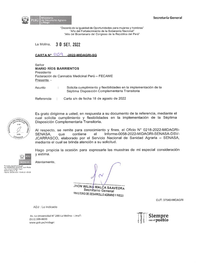 Oficio Nâ° 159-2022-Midagri-Sg | PDF | Cannabis (Droga) | Cannabis medicinal