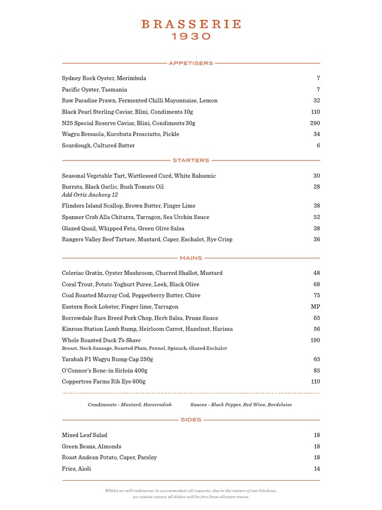 Brasserie 1930 ALC Menu WEB 01-03-23 | PDF | Shallot | Sauce