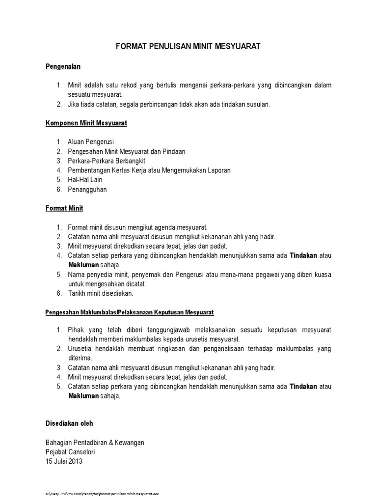 Format Penulisan Minit Mesyuarat: Pengenalan | PDF