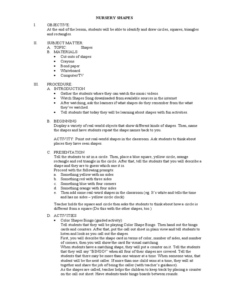 Lesson Plan Sample - Nursery Shapes | PDF | Classroom | Education Theory
