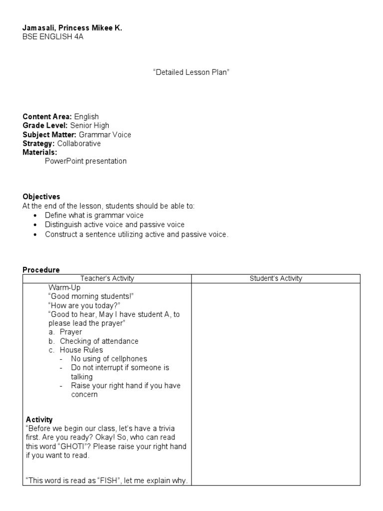 Grammar Voice Lesson Plan | PDF | Subject (Grammar) | Grammar