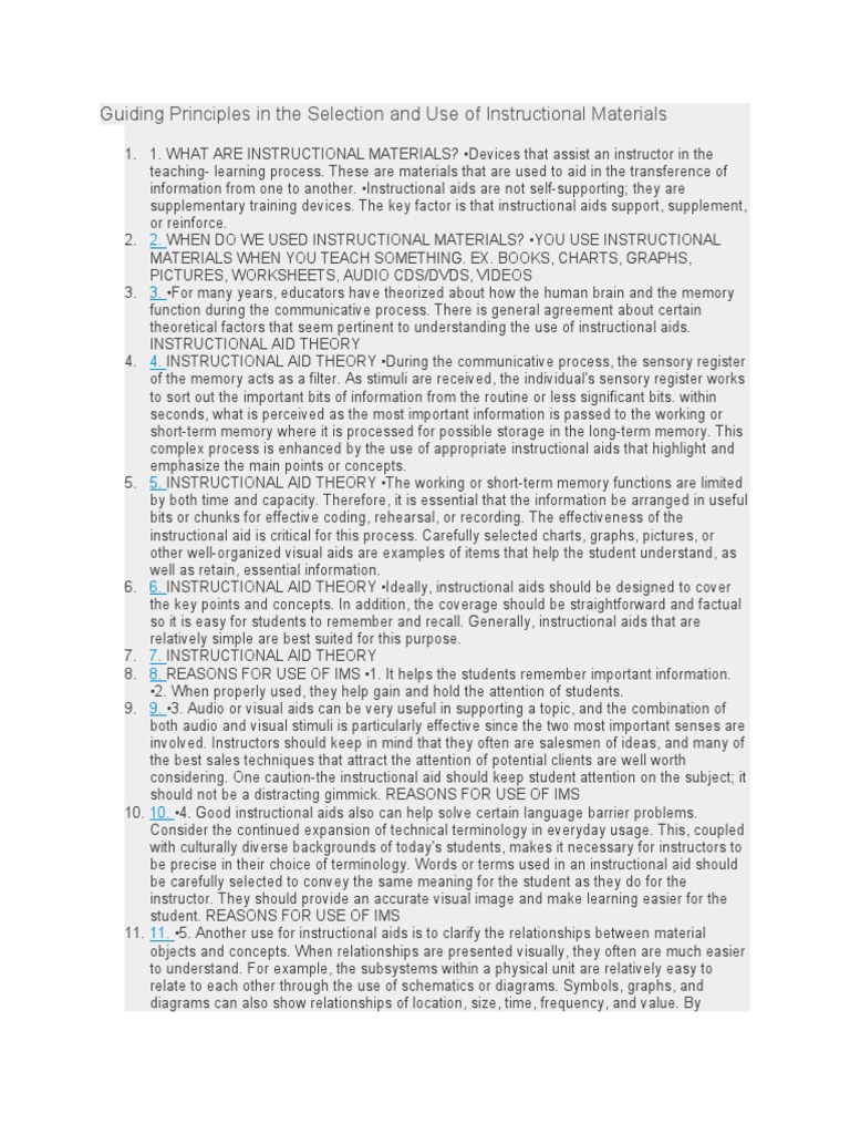 Guiding Principles for Selecting and Using Instructional Materials | PDF | Memory | Learning