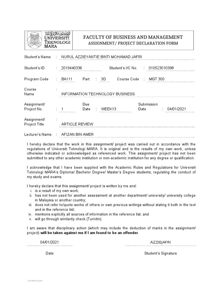 Faculty of Business and Management: Assignment/ Project Declaration ...