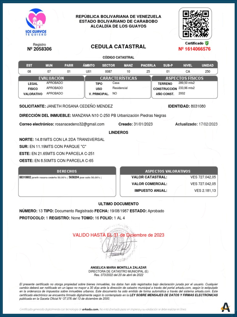Certificado de Cédula Catastral 2023 | PDF