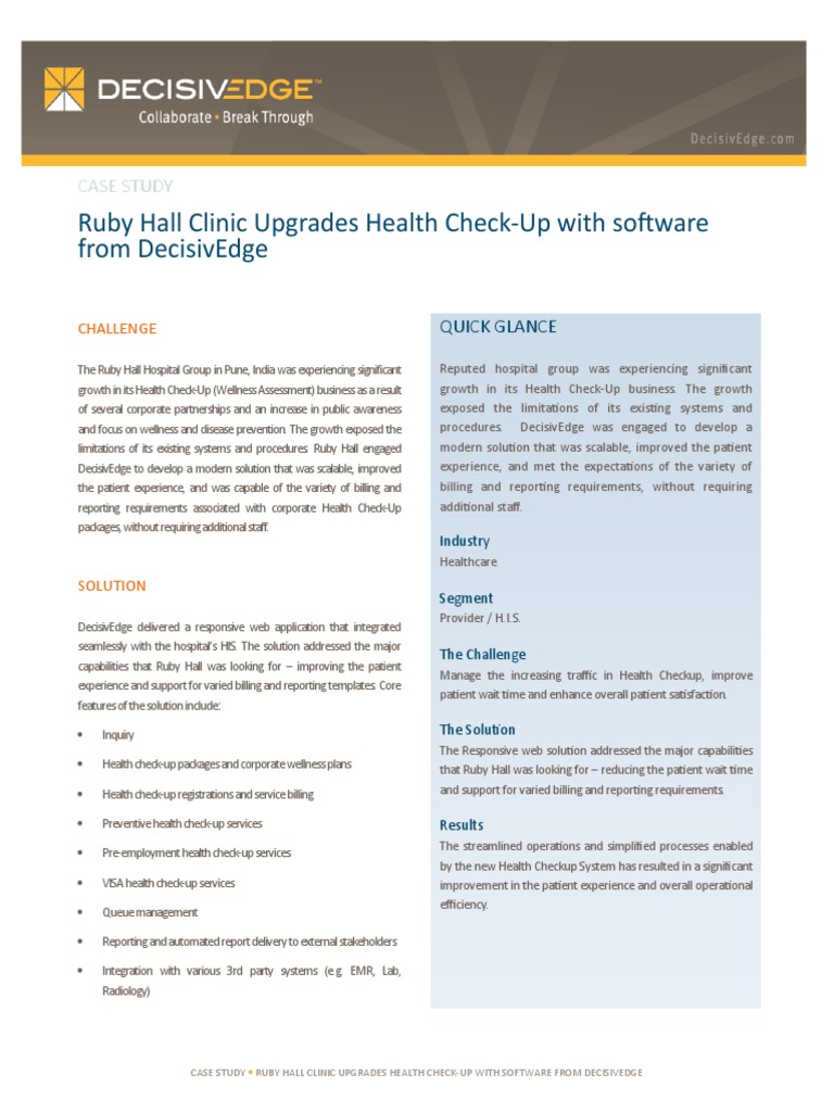Case Study Ruby Hall Clinic Upgrades Health Check Up | PDF | Physical Examination | Patient