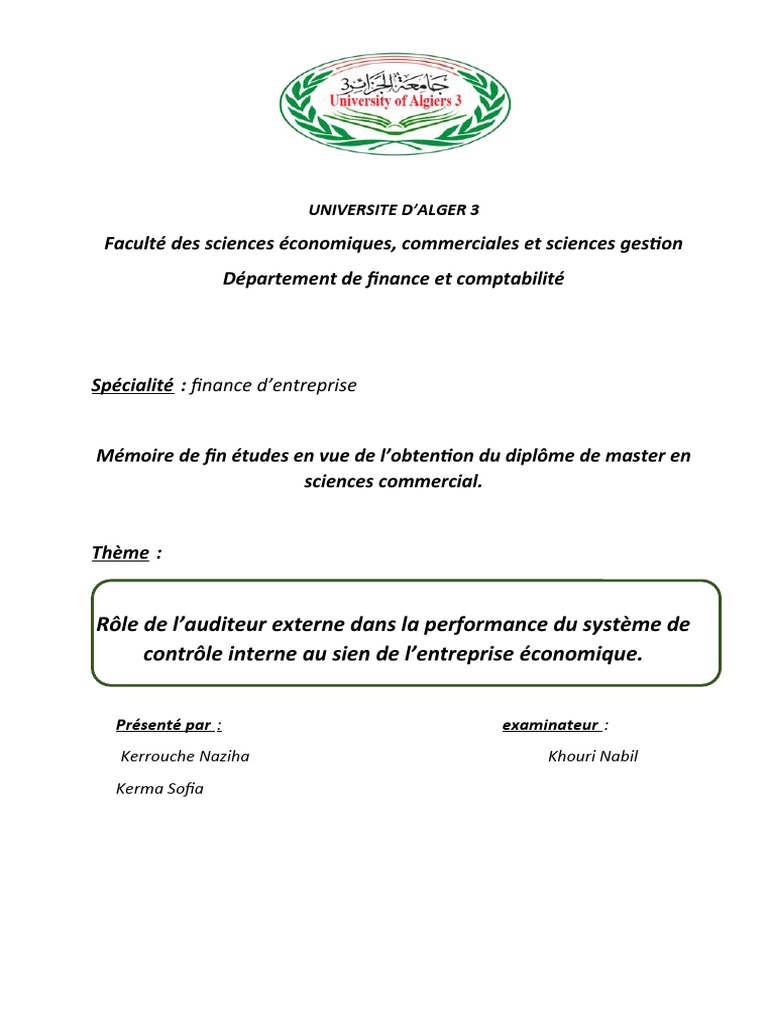 Rôle de l'Auditeur Externe en Contrôle Interne | PDF | Contrôle interne | Audit financier