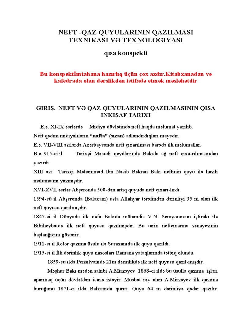 Neft - Qaz Quyularinin Qazilmasi Texnikasi VƏ Texnologiyasi Qısa ...