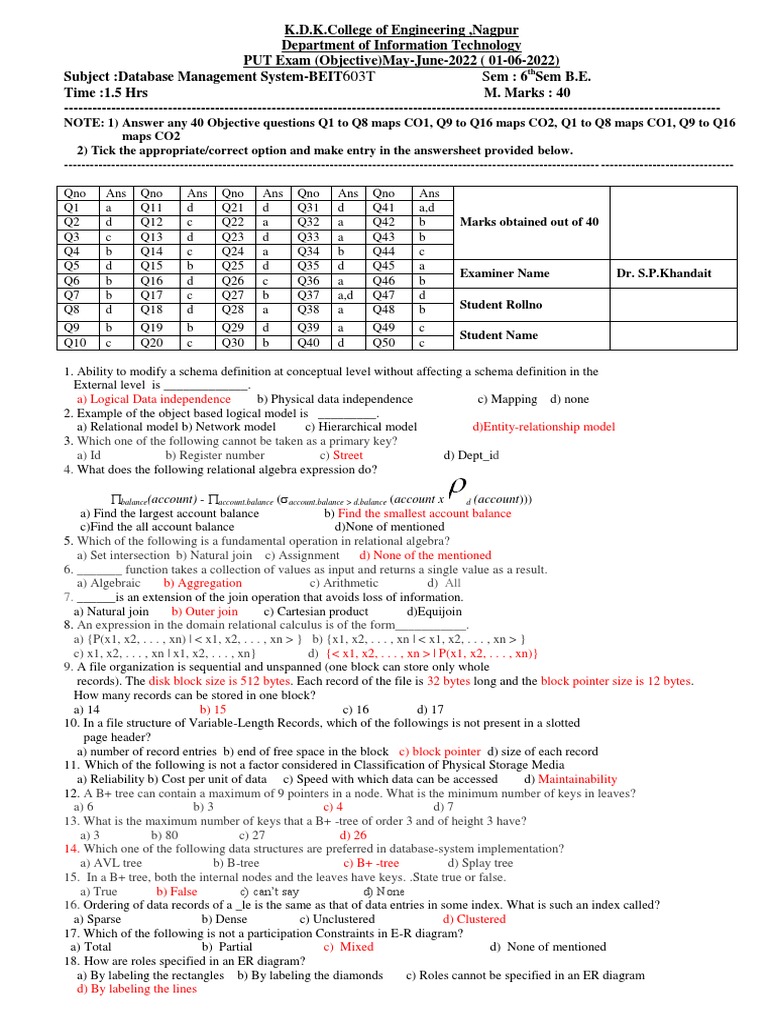 PUT DBMS Objective 01 06 2022 | PDF | Information Technology | Data Management
