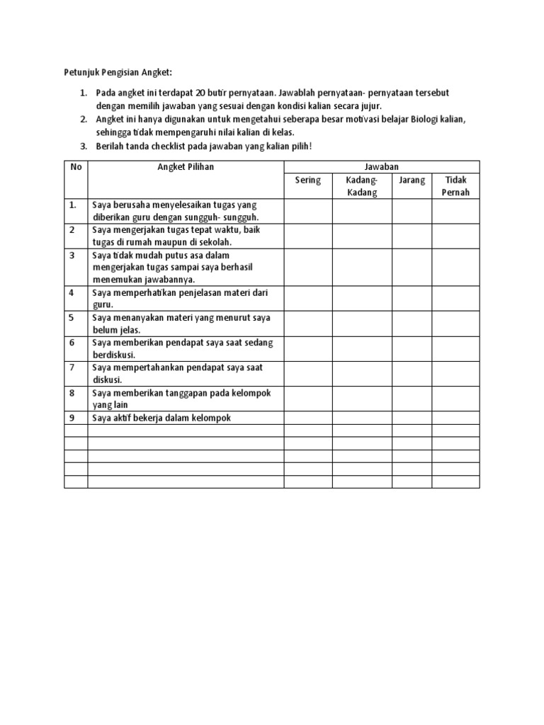 Petunjuk Pengisian Angket | PDF