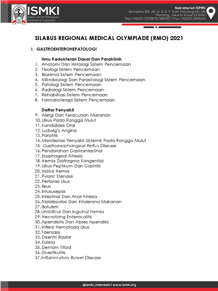 Silabus RMO 2021: Gastroenterologi, Infeksi, Kardiologi, Muskuloskeletal, Neurologi | PDF