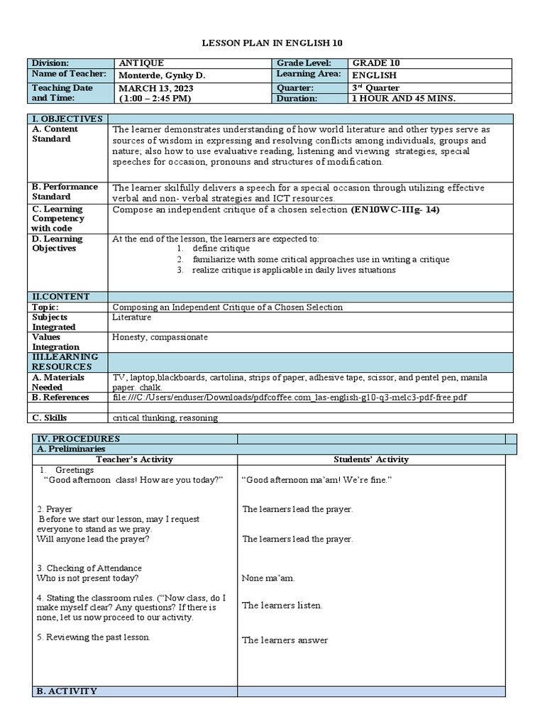 Lesson Plan | PDF | Learning | Teachers
