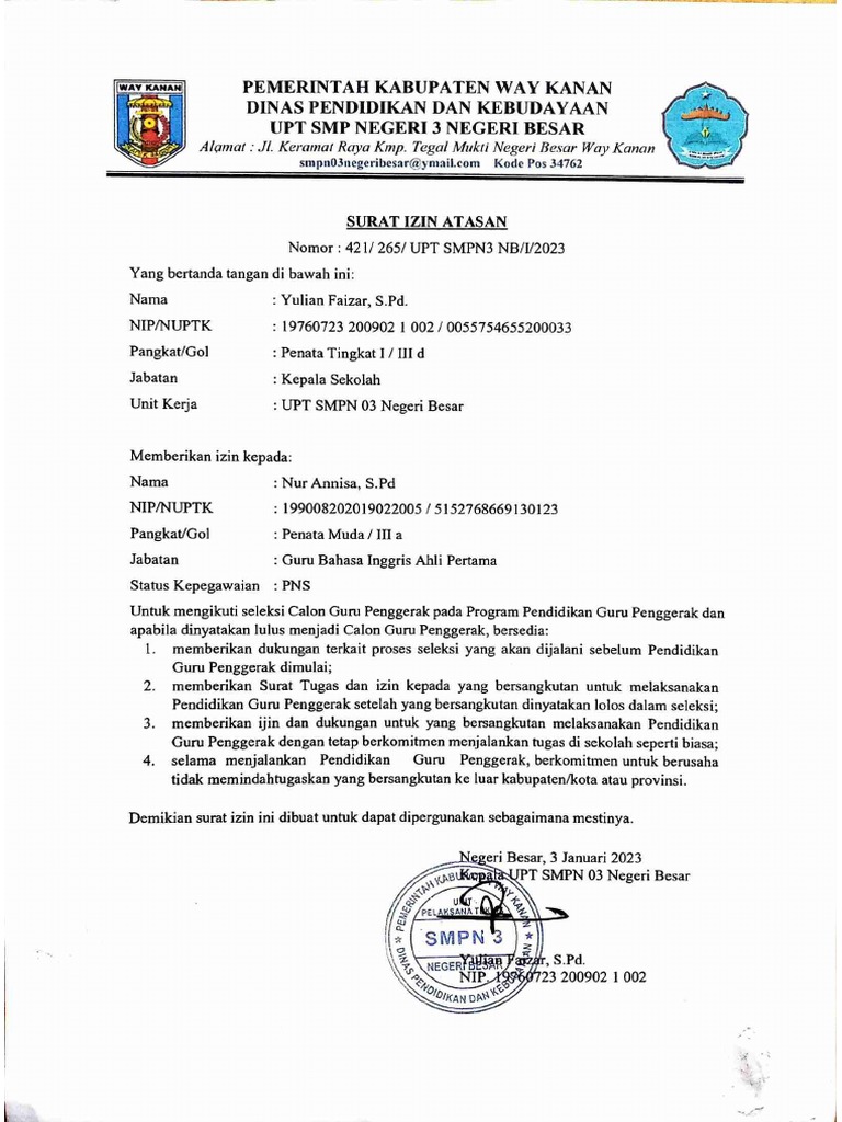 Contoh Surat Izin Atasan Untuk Guru Penggerak | PDF