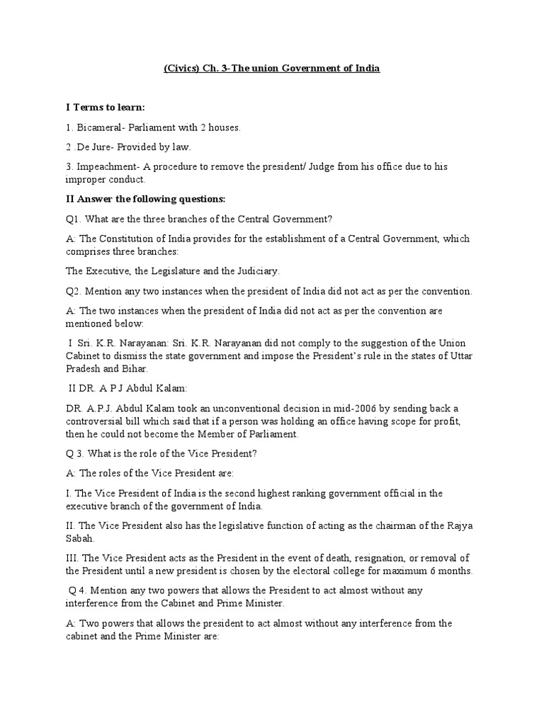 Notes - CH 3 The Union Government of India | Download Free PDF ...