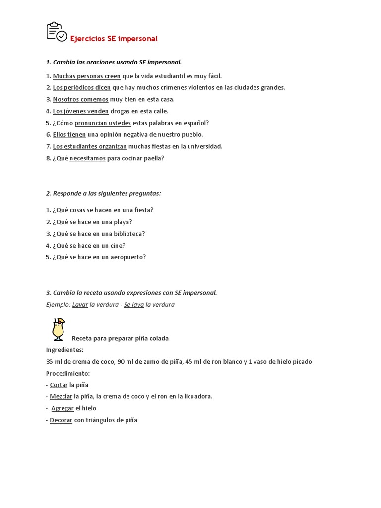 Ejercicios SE Impersonal | PDF