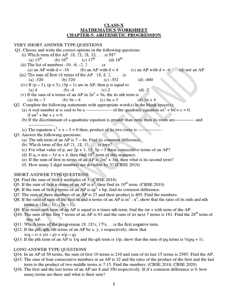Arithmetic Progression Worksheet Class X | PDF | Numbers | Mathematical ...