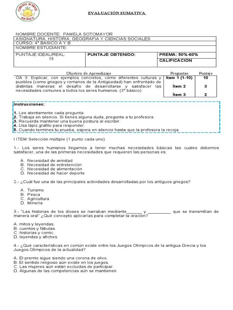Objetivo de Aprendizaje Preguntas Puntaje: Ítem 1 (1-10) Ítem 2 Ítem 3 10 3 2 | PDF | Antigua ...