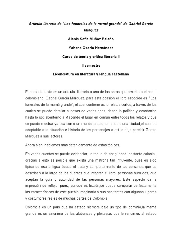 Artículo Literario | PDF | Cuentos | Gabriel García Márquez