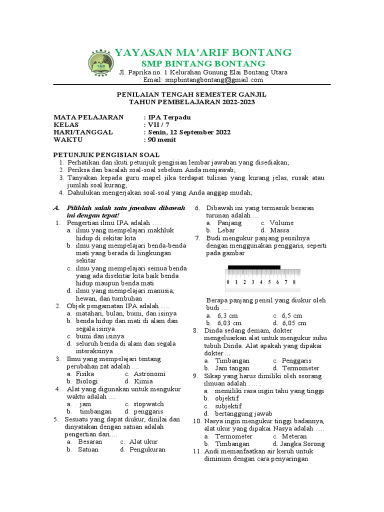 Soal PTS Ipa Susulan Kelas 7 | PDF