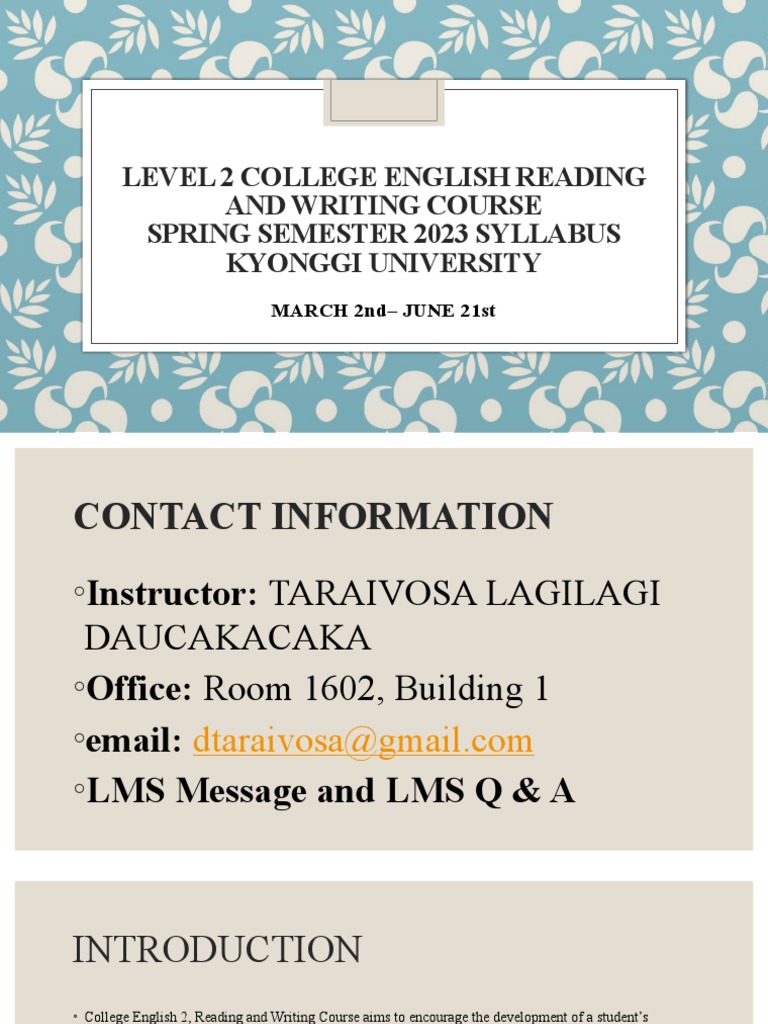Level 2 College English Reading and Writing Course Spring Semester 2023 ...