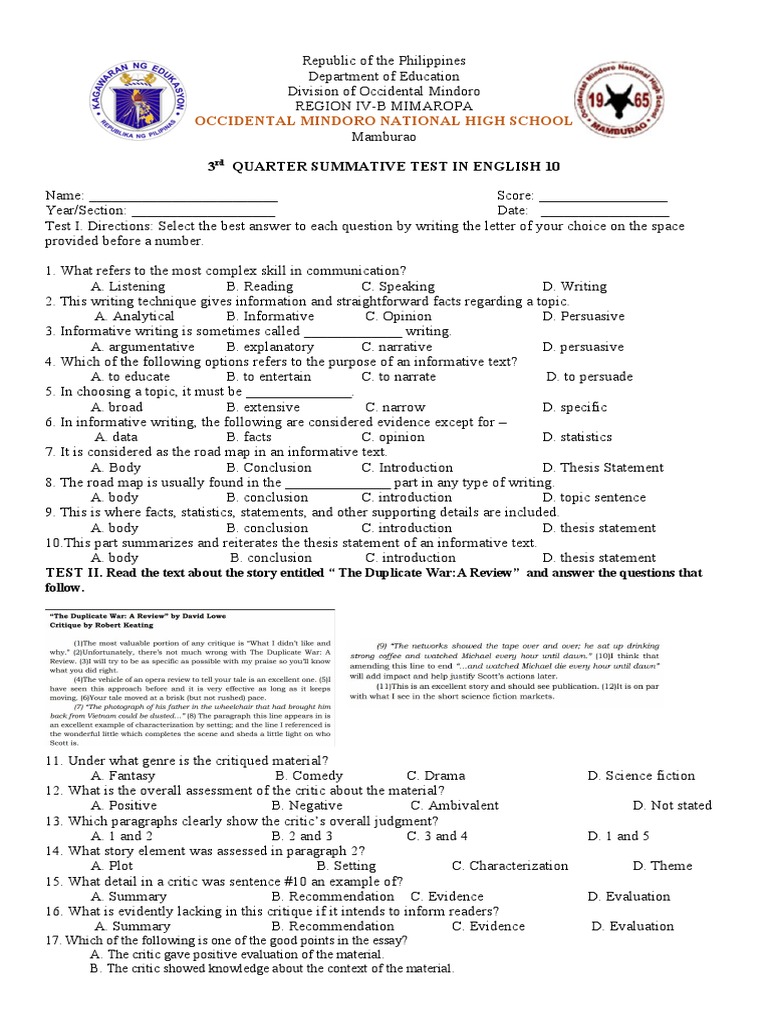 ENGLISH SUMMATIVE TEST 3rd Quarter | PDF | Narration | Plot (Narrative)