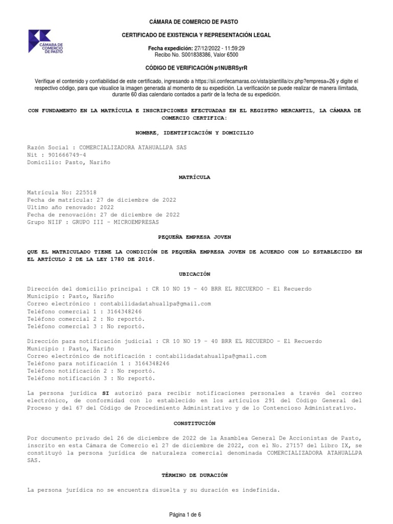 Cámara de Comercio de Pasto Certificado de Existencia Y Representación Legal Fecha Expedición ...