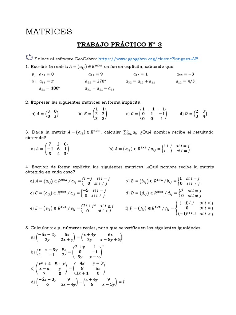 Matrices: Trabajo Práctico #3 | PDF | Matriz (Matemáticas) | Funciones y mapeos