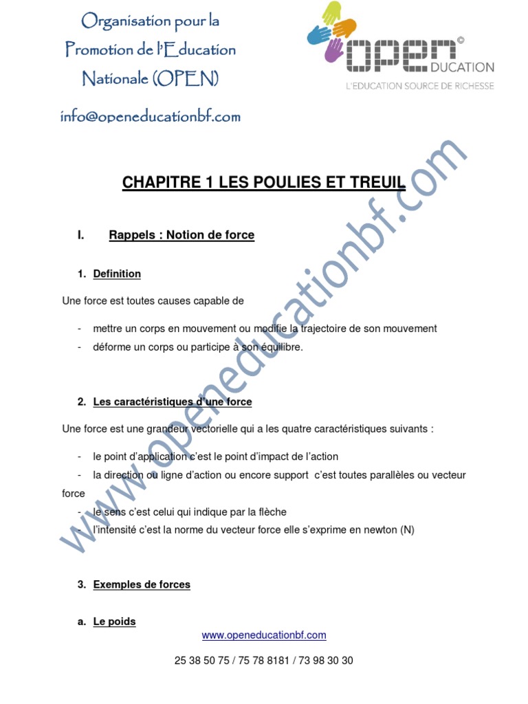 Treuil et poulies : principes et exercices | PDF | Obliger | Poids