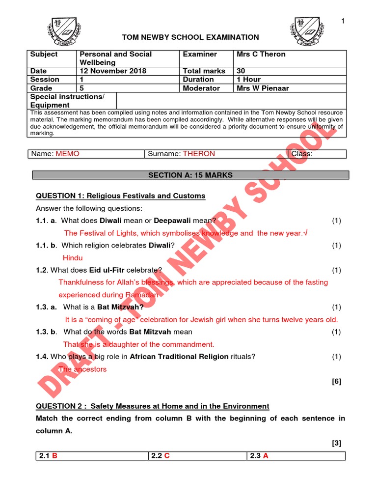 Grade 5 Life Skills Memo Nov 2018 Watermark | PDF | Hiv | Water