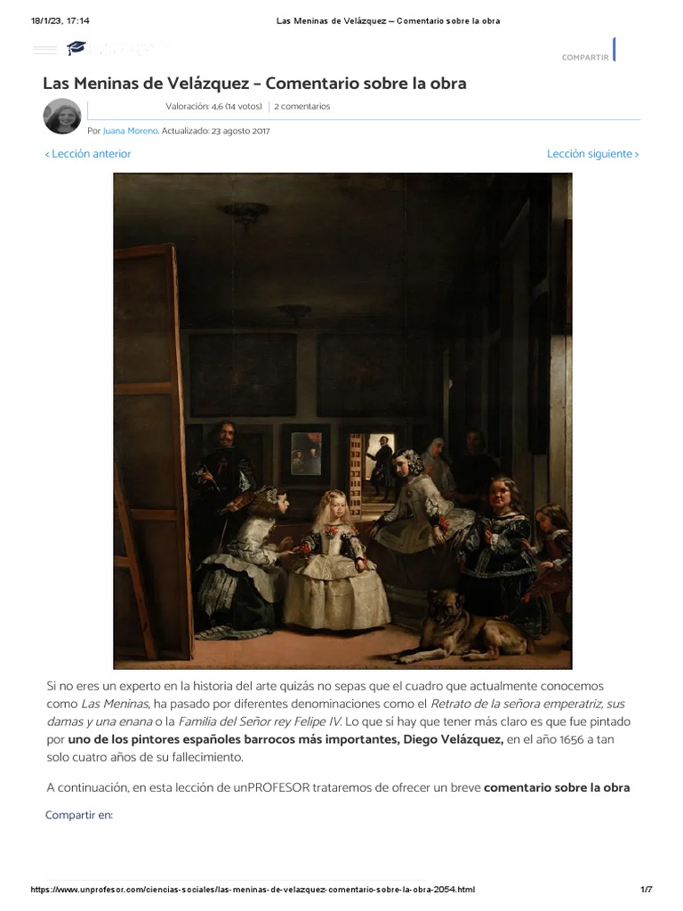 Las Meninas de Velázquez - Comentario Sobre La Obra | PDF | Artes ...