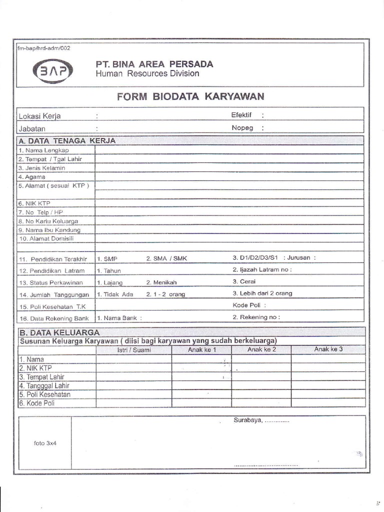 Form Biodata Karyawan | PDF