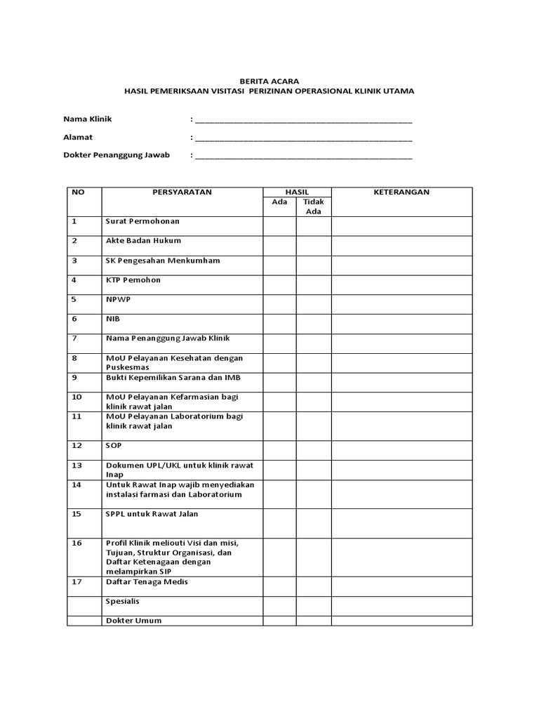 form persyaratan izin klinik utama 2021 | PDF